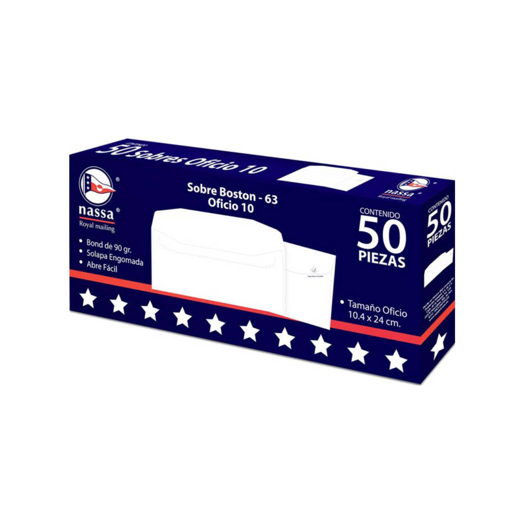 Sobre Boston Tamaño Oficio 63 Color Blanco Marca Nassa – Stock México