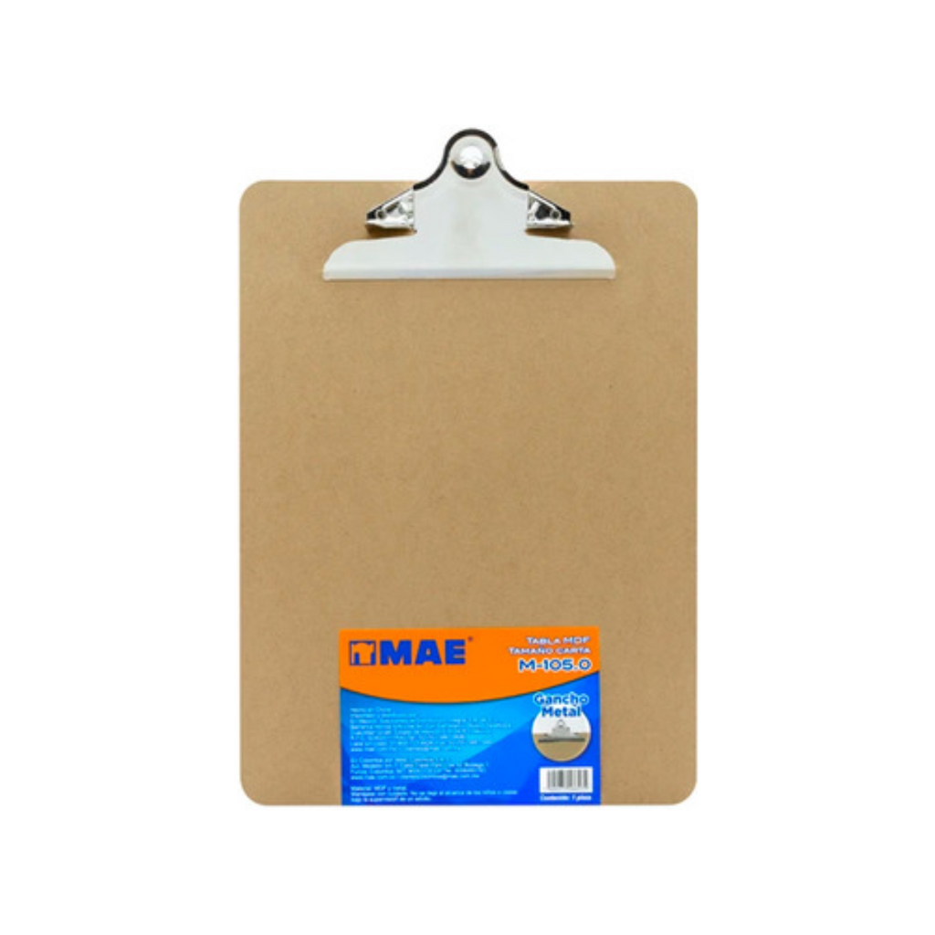 Tabla con Clip Metálico Tamaño Carta Marca Mae – Stock México